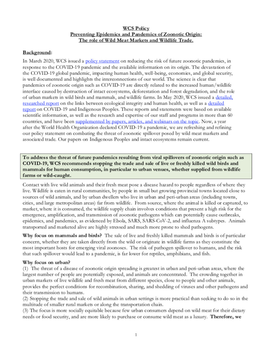WCS Policy: Preventing Epidemics and Pandemics of Zoonotic Origin - WCS.org